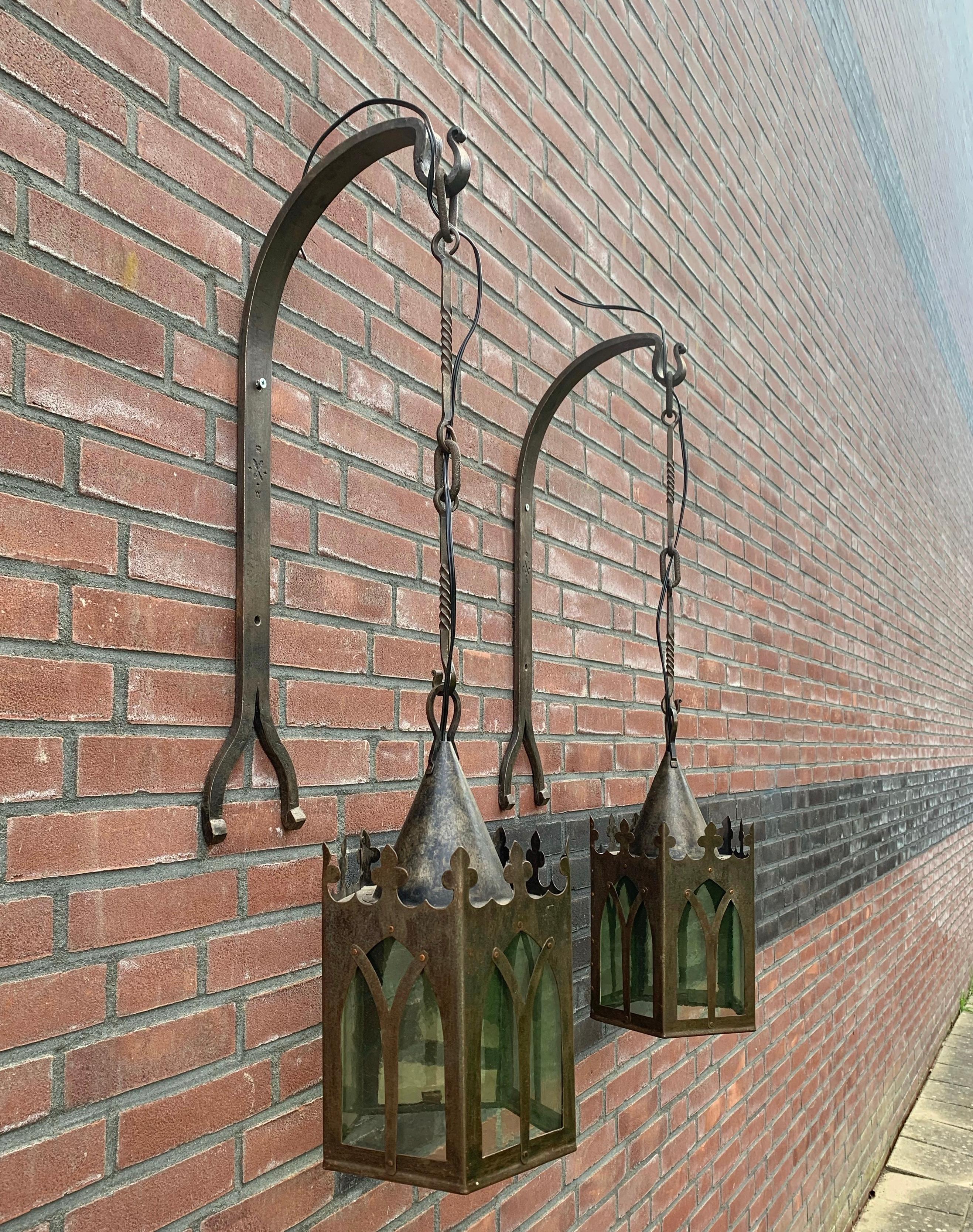 Pair Gothic Revival Medieval Style, Wrought Iron and Cathedral Glass ...