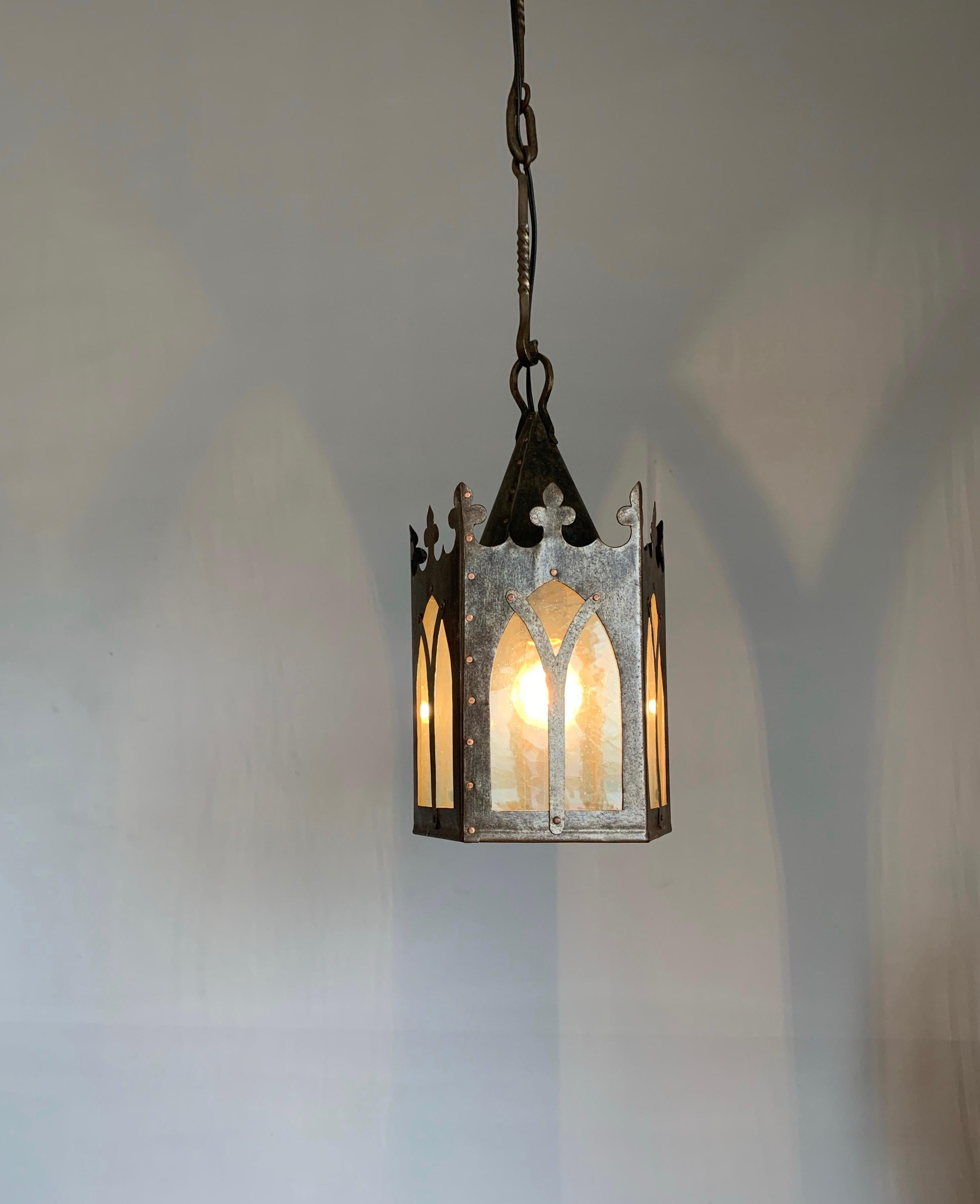Pair Gothic Revival Medieval Style, Wrought Iron and Cathedral Glass ...