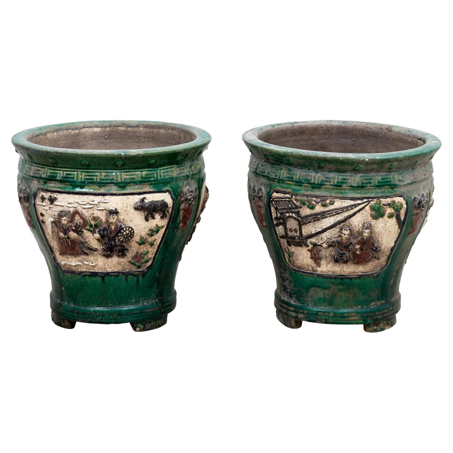 Large Vintage Chinese Green Glazed Ceramic Planter with Tapering Lines ...