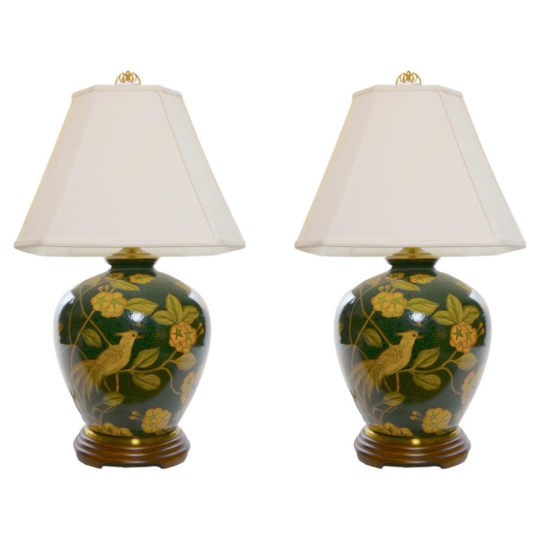 Pair Green Glazed Porcelain / Wood Base Vase Table Lamps For Sale at ...
