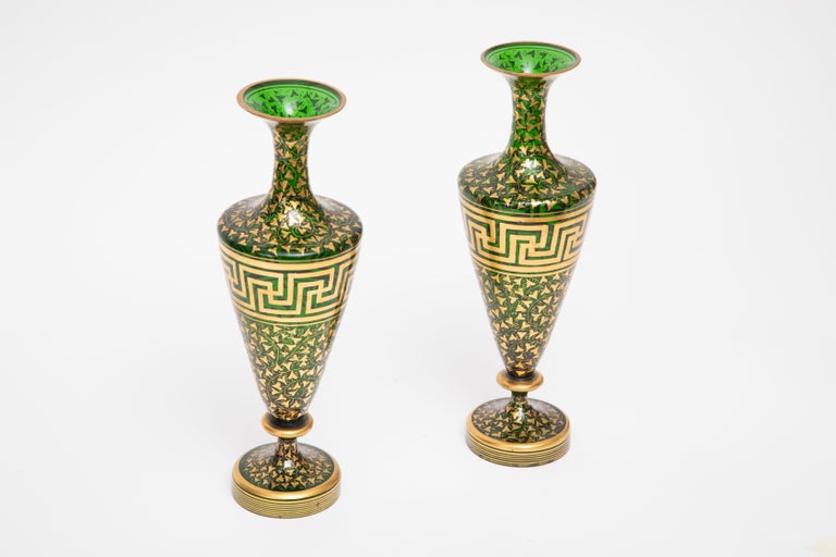 Pair Green Gold 19th Century Crystal Vases, Greek Key Design Attributed ...