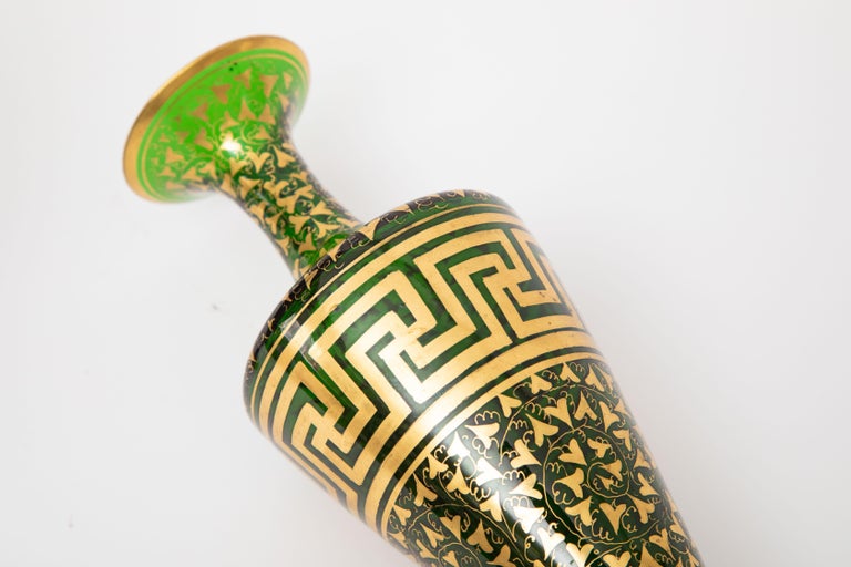 Pair Green Gold 19th Century Crystal Vases, Greek Key Design Attributed ...