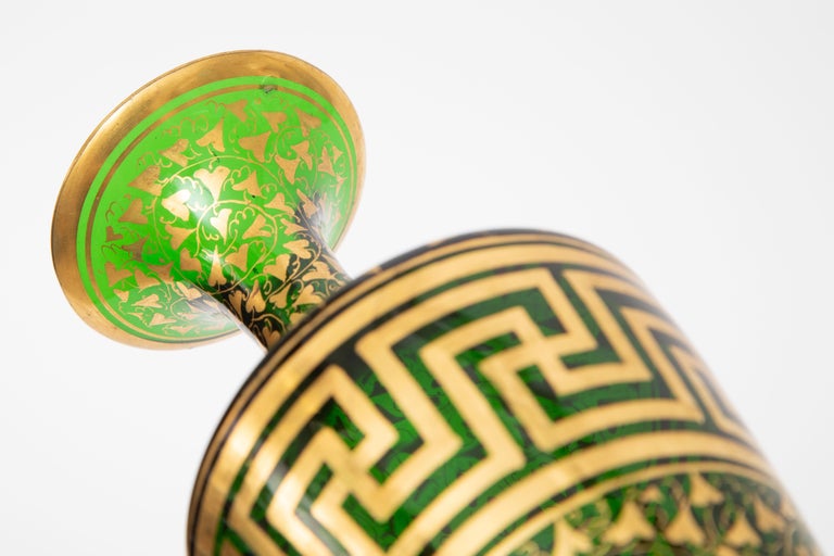 Pair Green Gold 19th Century Crystal Vases, Greek Key Design Attributed ...