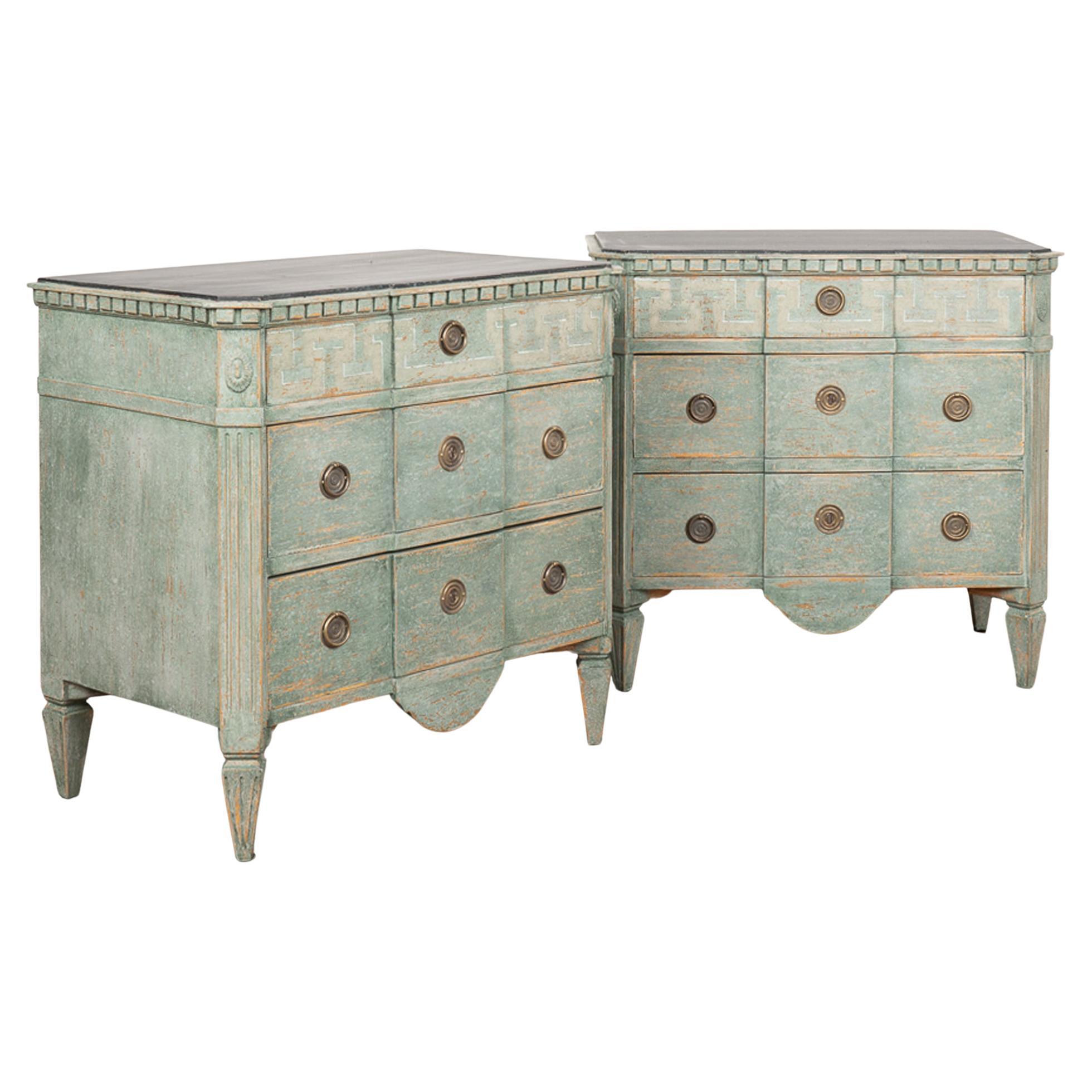 Pair, Green Painted Gustavian Chest of Three Drawers, Sweden circa 1860 ...