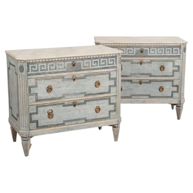 Pair Gustavian Blue Painted Chest of Drawers w/ Greek Key Pattern ...