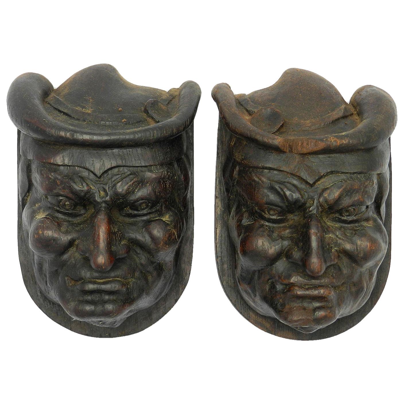 Pair Antique Carved Wood Heads French Misericord Gargoyle Sculpture ...