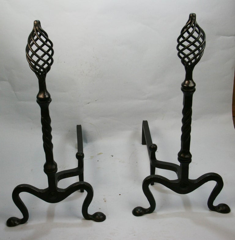 Pair Antique Andirons Wrought Iron Birdcage Finial and Penny Feet Circa ...