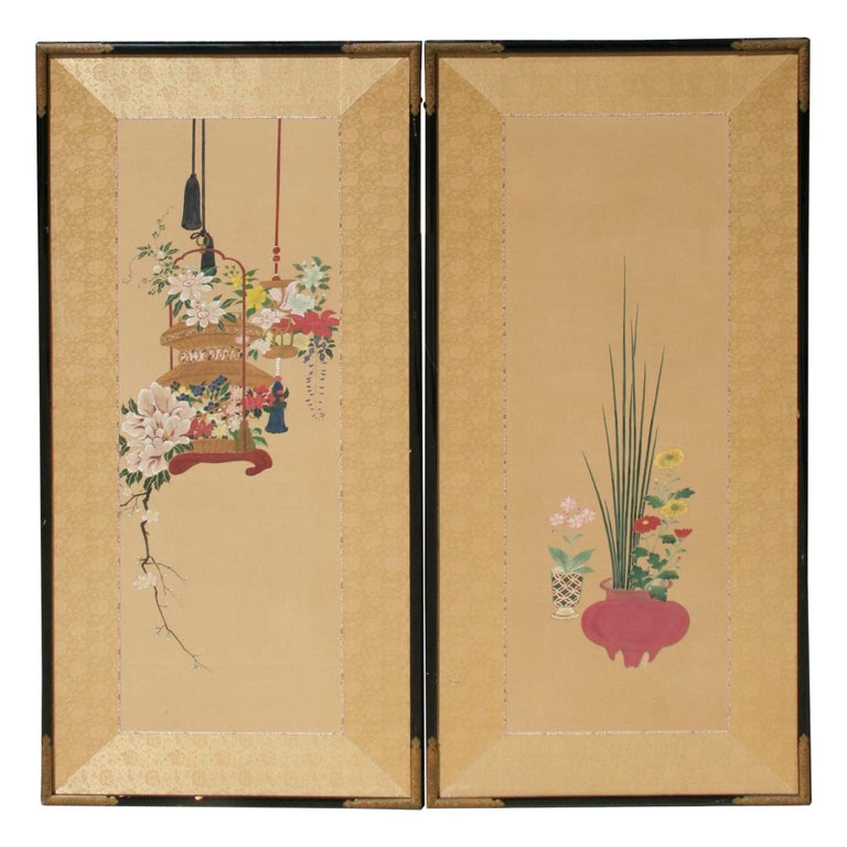 Pair Hand Painted Japanese Panels/Screens For Sale at 1stDibs