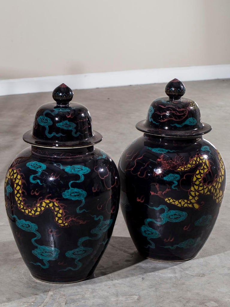 Pair of Huge Modern Black Glazed Ceramic Dragon Chinese Temple Vases ...