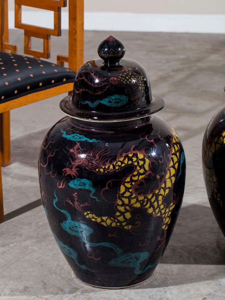 Pair of Huge Modern Black Glazed Ceramic Dragon Chinese Temple Vases ...