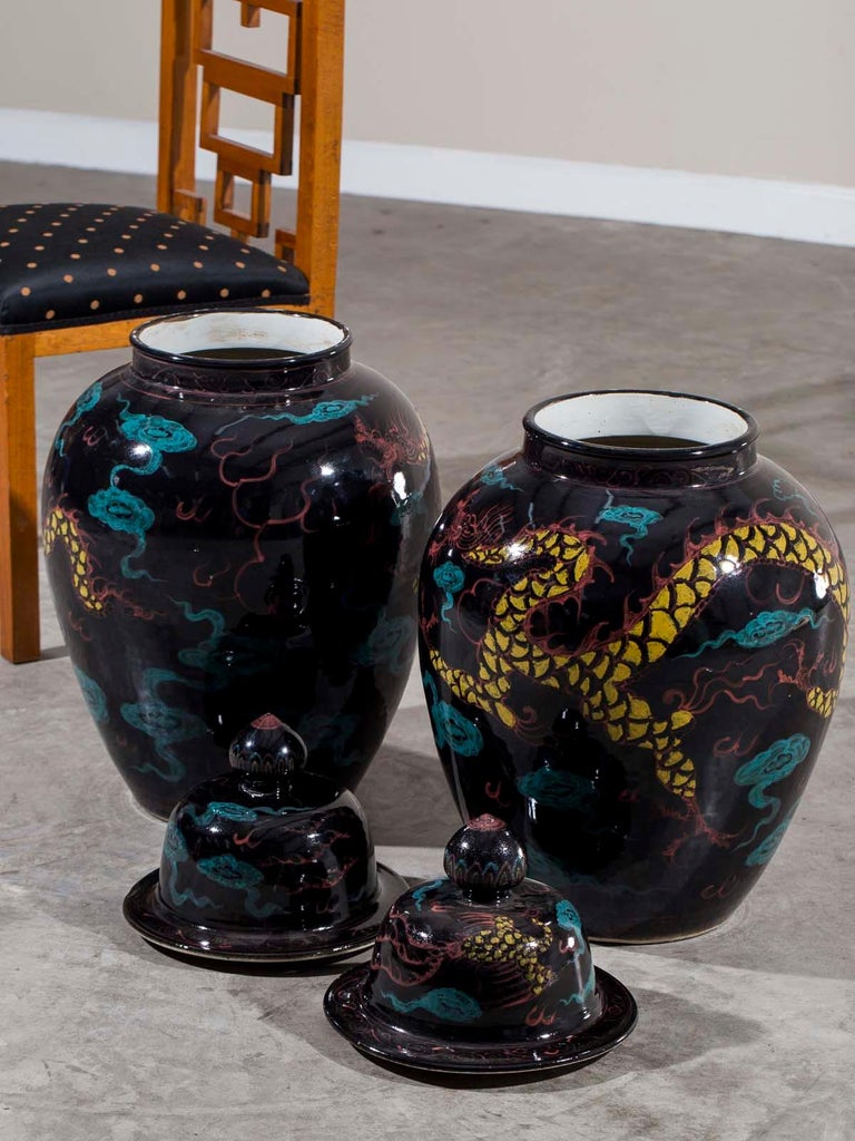 Pair of Huge Modern Black Glazed Ceramic Dragon Chinese Temple Vases ...