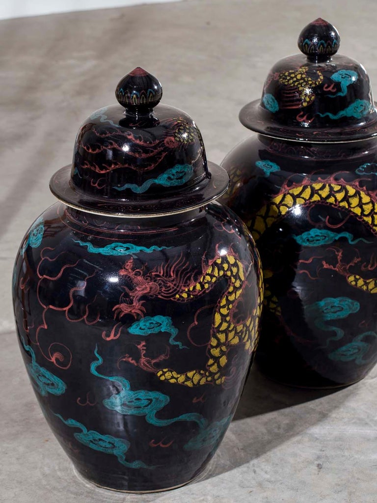 Pair of Huge Modern Black Glazed Ceramic Dragon Chinese Temple Vases ...