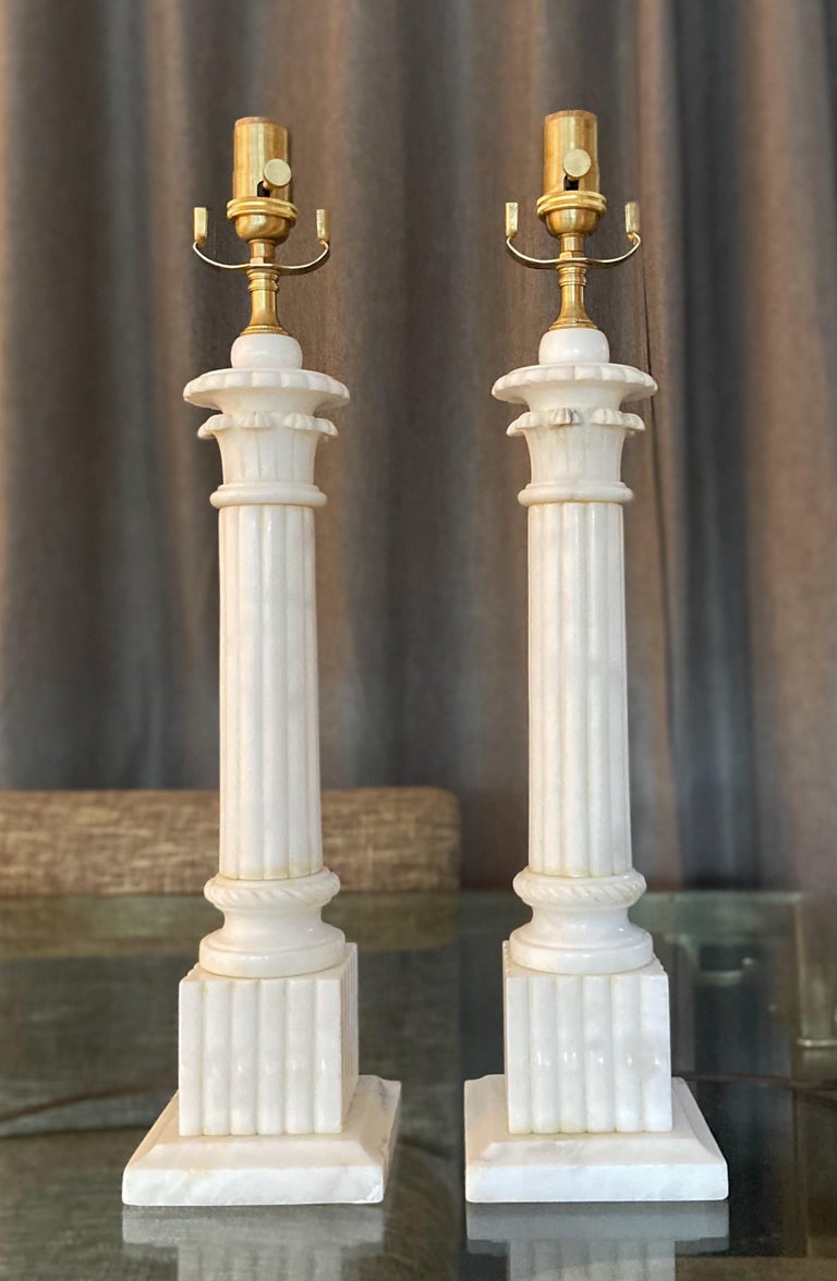 Pair Italian Column Neoclassic Alabaster Table Lamps For Sale at 1stDibs