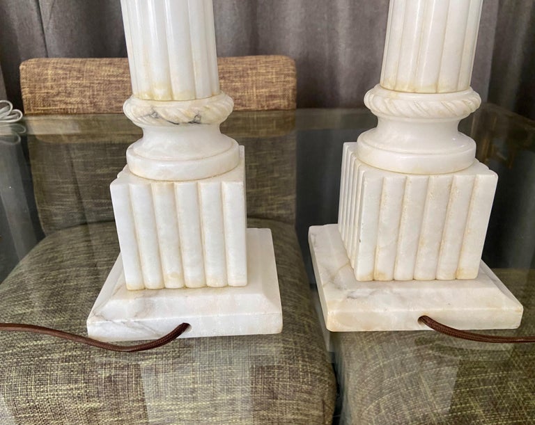 Pair Italian Column Neoclassic Alabaster Table Lamps For Sale at 1stDibs