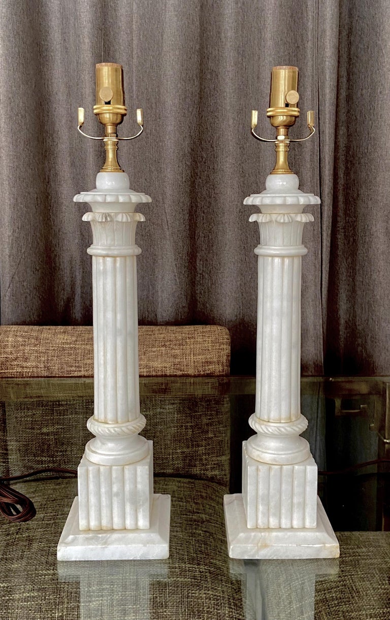 Pair Italian Column Neoclassic Alabaster Table Lamps For Sale at 1stDibs