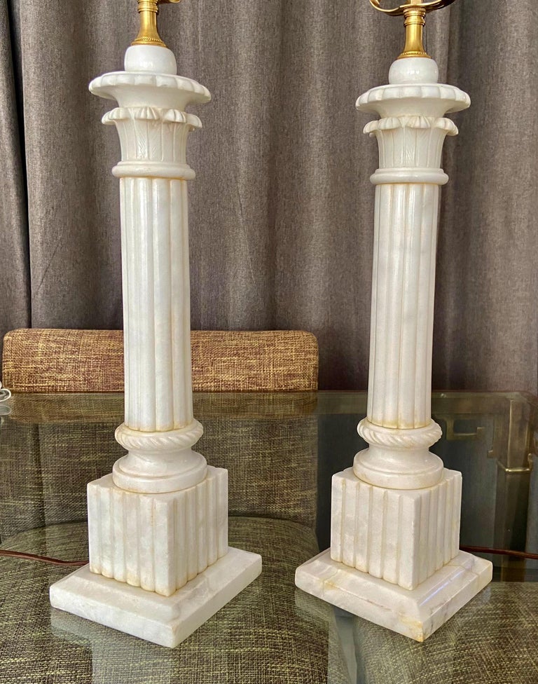 Pair Italian Column Neoclassic Alabaster Table Lamps For Sale at 1stDibs