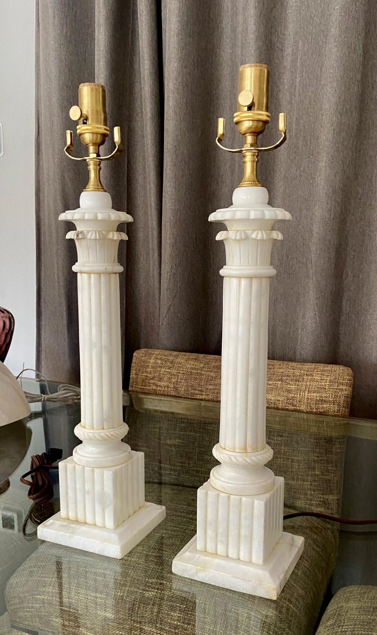 Pair Italian Column Neoclassic Alabaster Table Lamps For Sale at 1stDibs