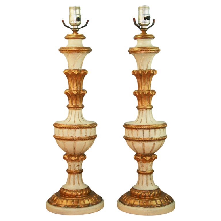 Pair Italian Hand Carved Gilt Wood Lamps Painted Lamps circa 1940's For ...