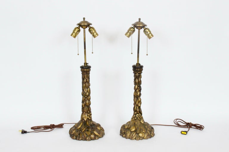 Pair Italian Hand Carved Wooden Ormolu Candlestick Table Lamps, 1920's ...