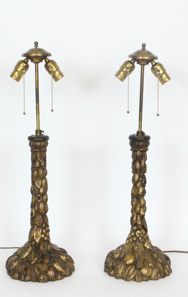 Pair Italian Hand Carved Wooden Ormolu Candlestick Table Lamps, 1920's ...