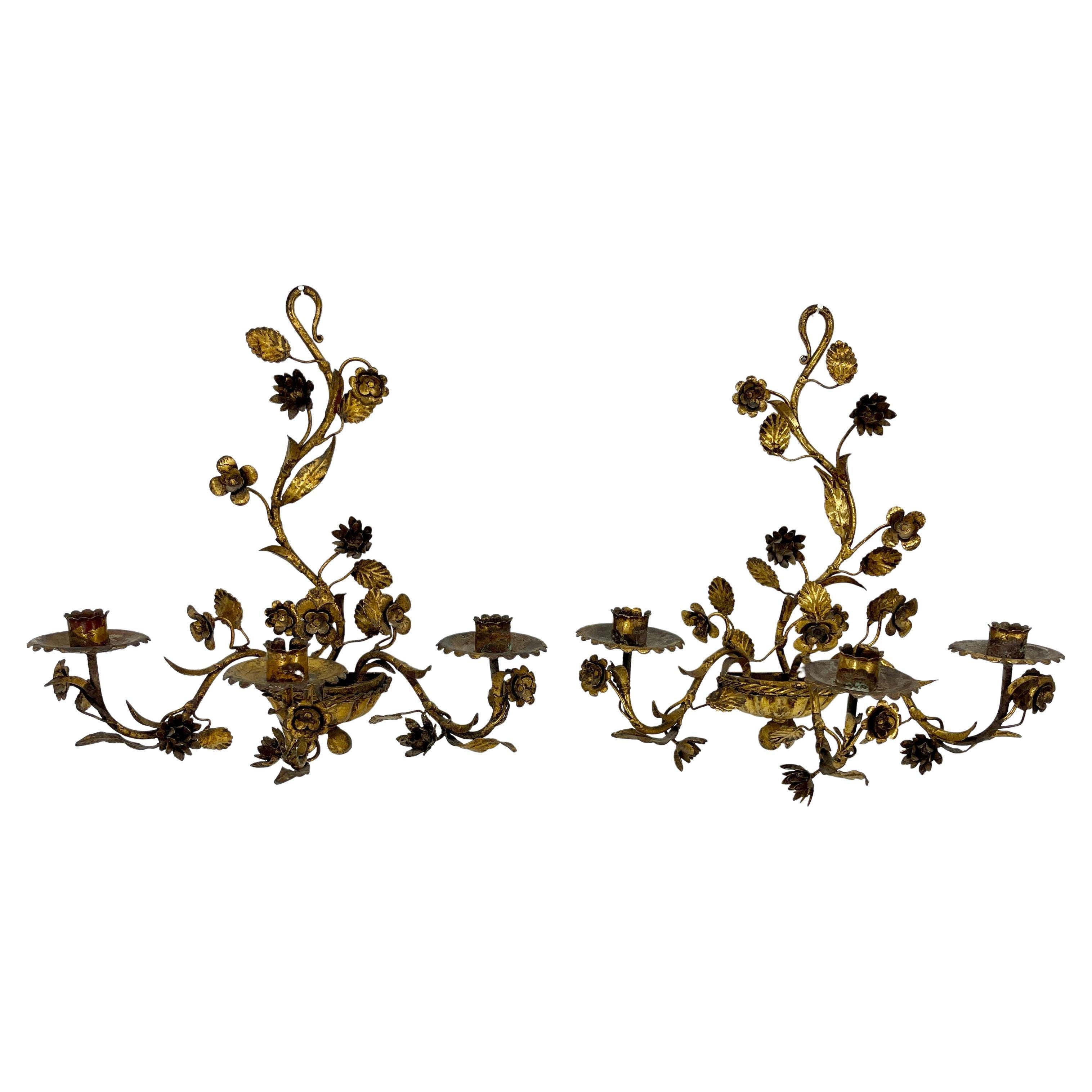 Italian Hollywood Regency Gold Gilt Tole Floral Wall Sconce For Sale at ...