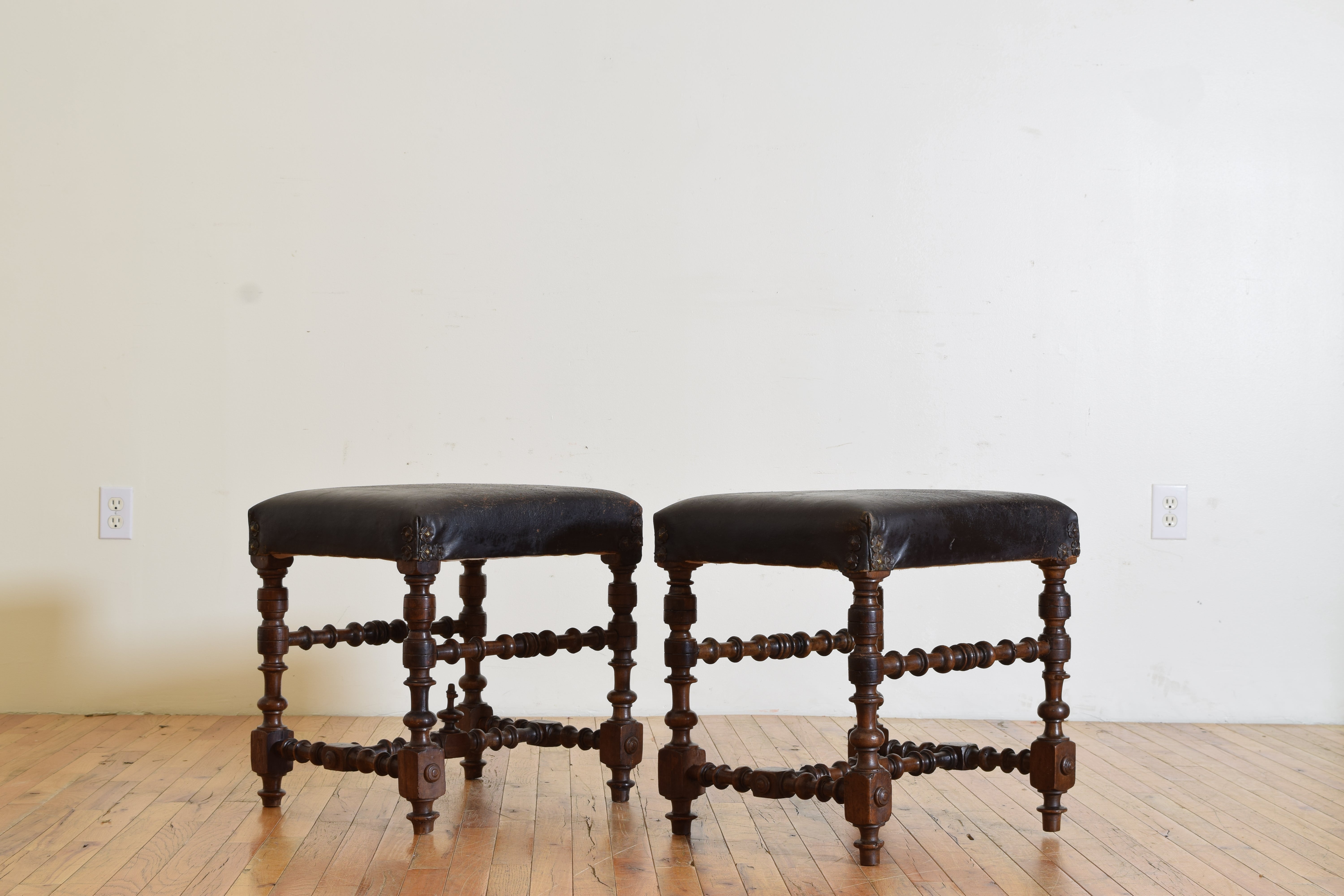 Pair Italian Louis XIII Period Dark Walnut Leather Upholstered Benches ...
