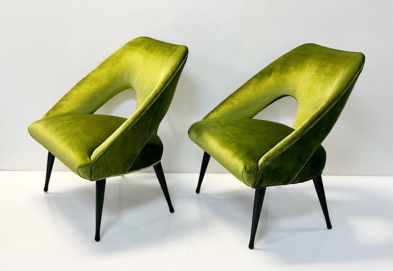 Pair Italian MCM Lounge Chairs in Moss Green Velvet, 1950s at 1stDibs