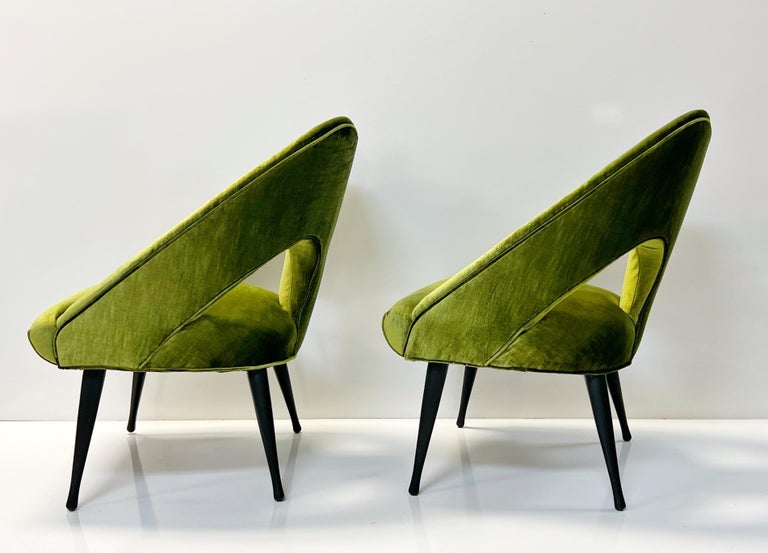 Pair Italian MCM Lounge Chairs in Moss Green Velvet, 1950s at 1stDibs