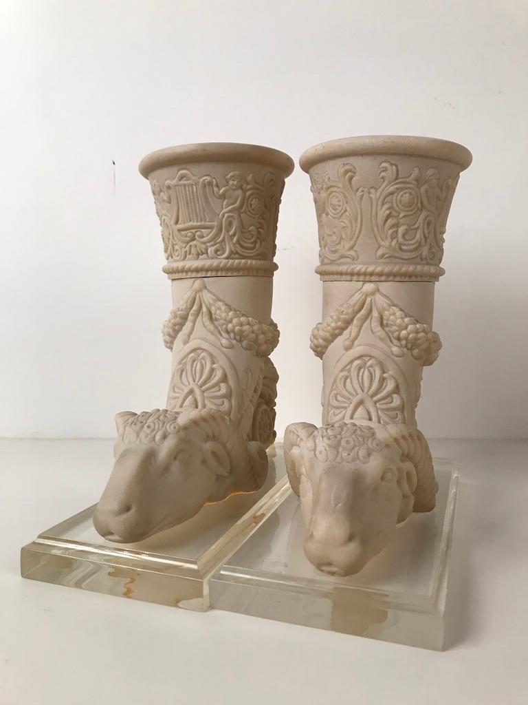 Pair of Italian Midcentury Rams Head Vases on Lucite Bases at 1stDibs