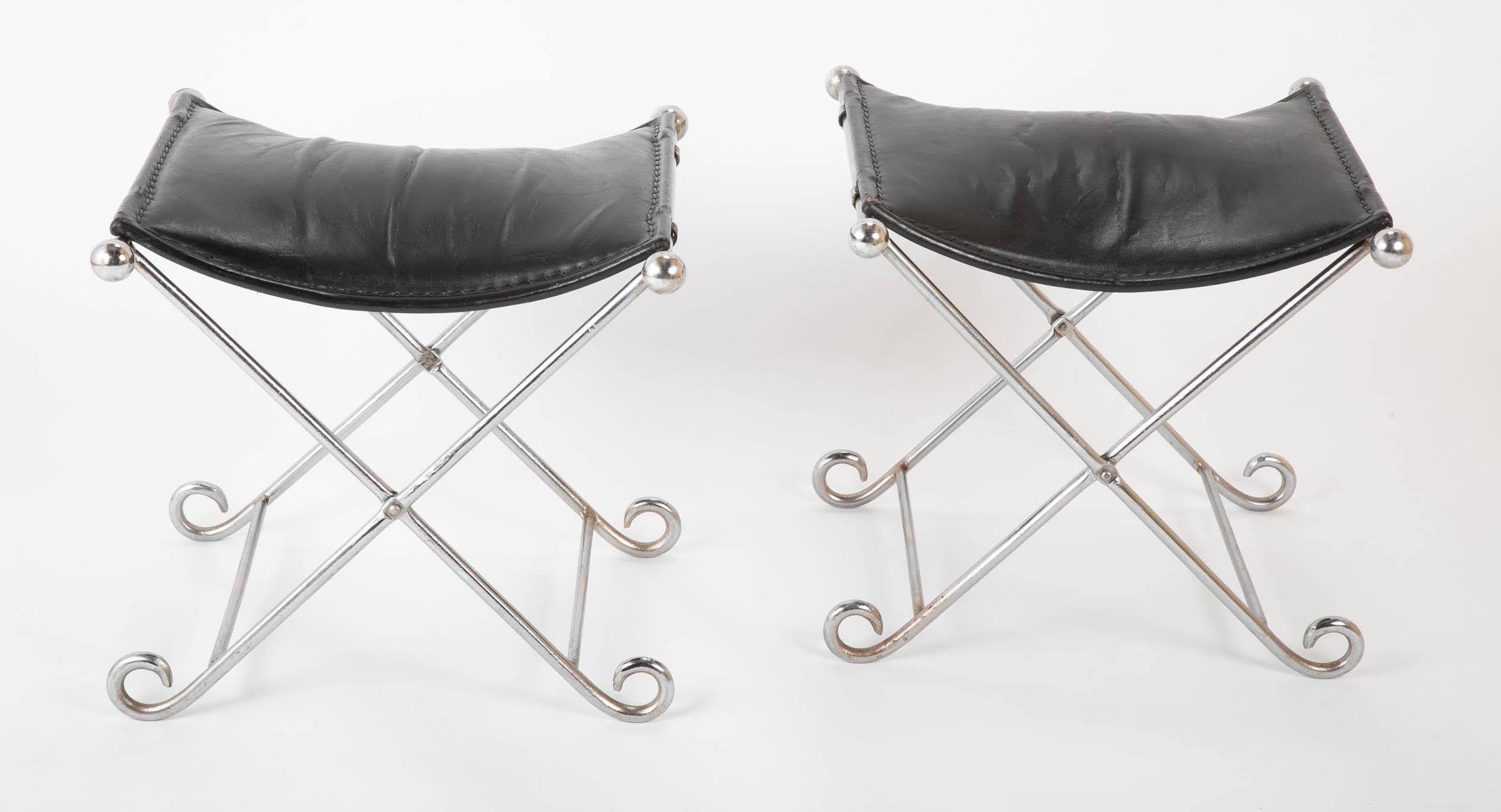 Pair of Italian Modern Chromed Iron X Stools with Black Leather ...