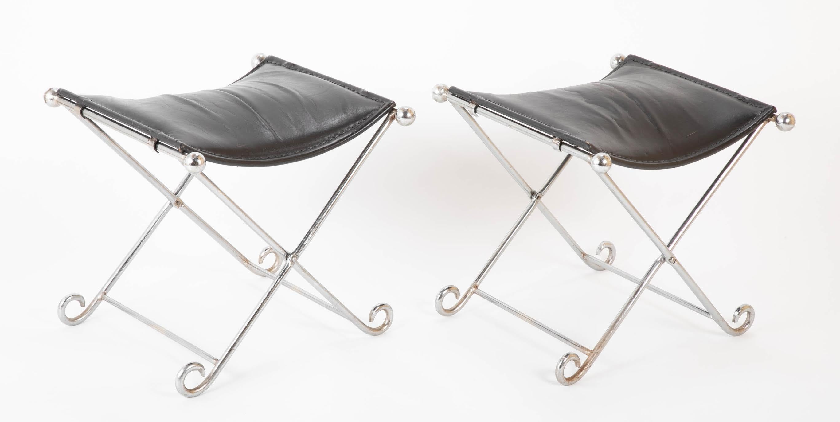 Pair of Italian Modern Chromed Iron X Stools with Black Leather ...