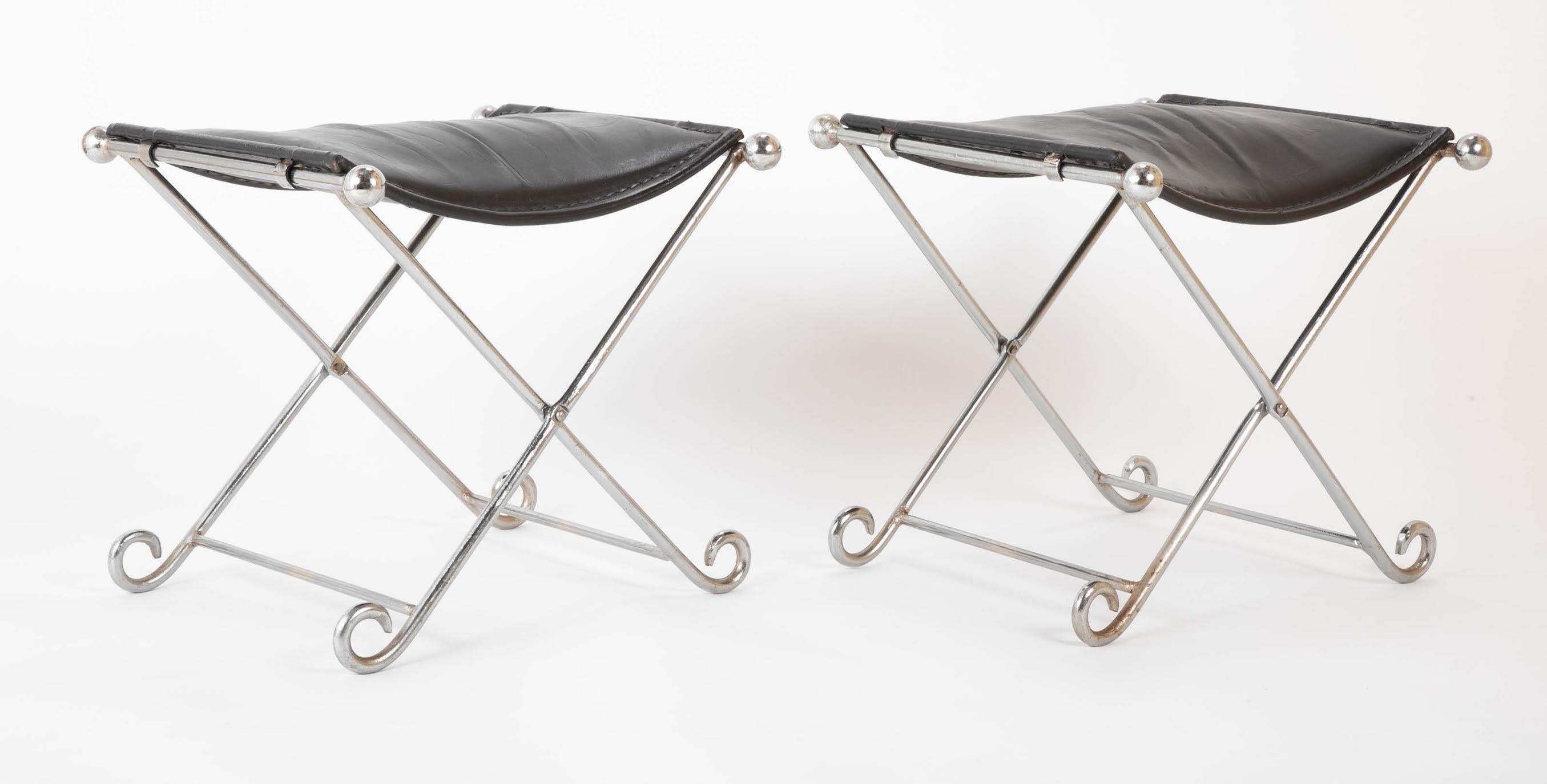 Pair of Italian Modern Chromed Iron X Stools with Black Leather ...
