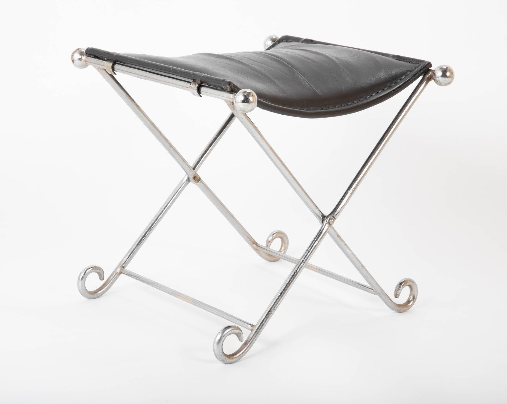 Pair of Italian Modern Chromed Iron X Stools with Black Leather ...