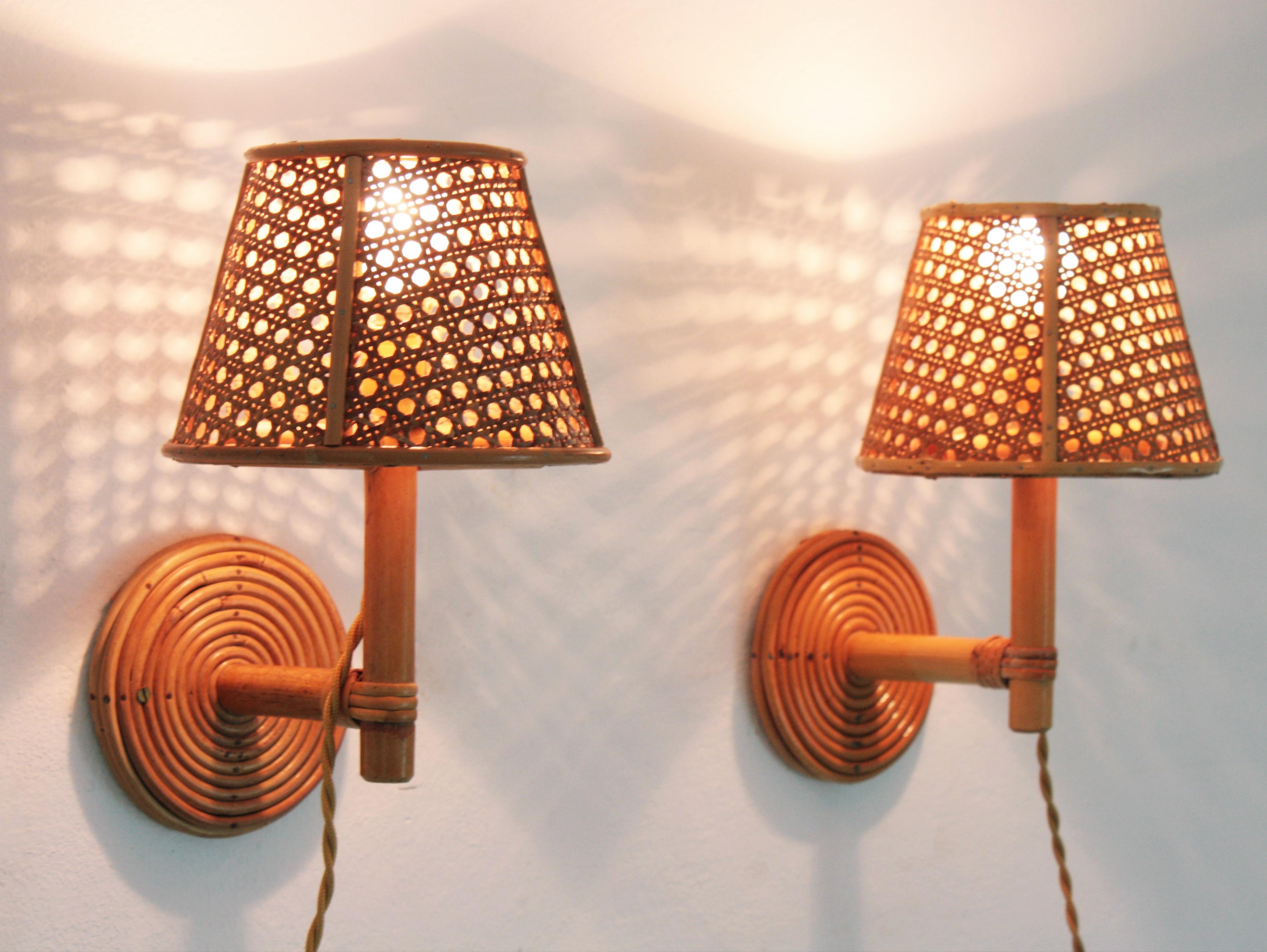 Pair of Italian Modern Woven Wicker Rattan and Bamboo Wall Lights with ...