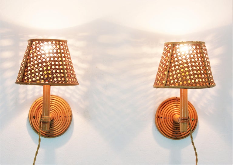 Pair of Italian Modern Woven Wicker Rattan and Bamboo Wall Lights with ...