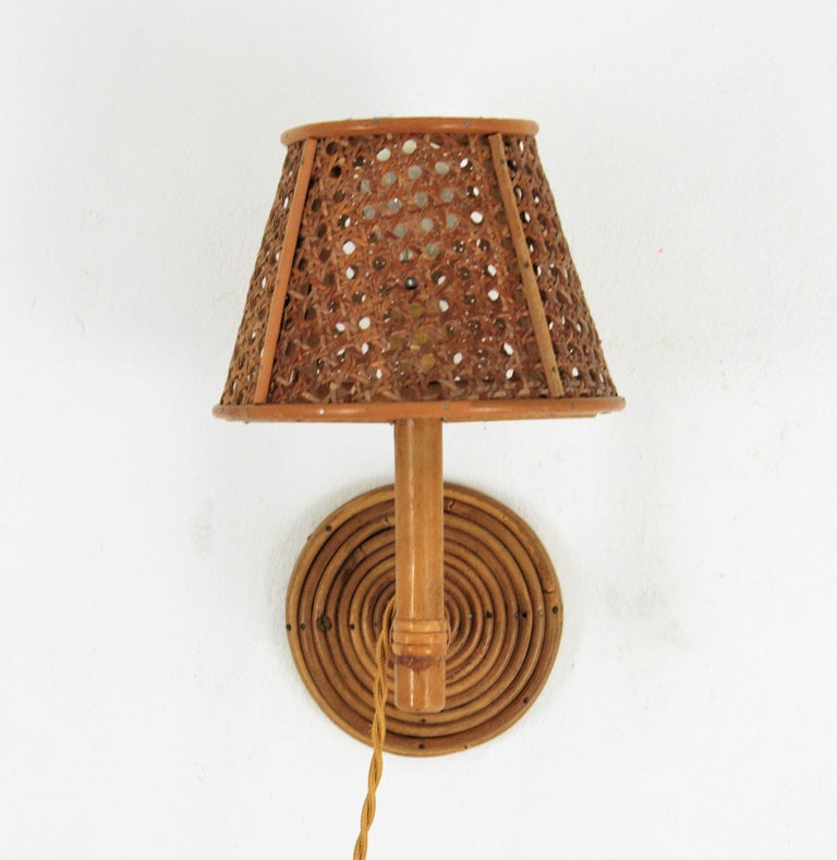 Pair of Italian Modern Woven Wicker Rattan and Bamboo Wall Lights with ...