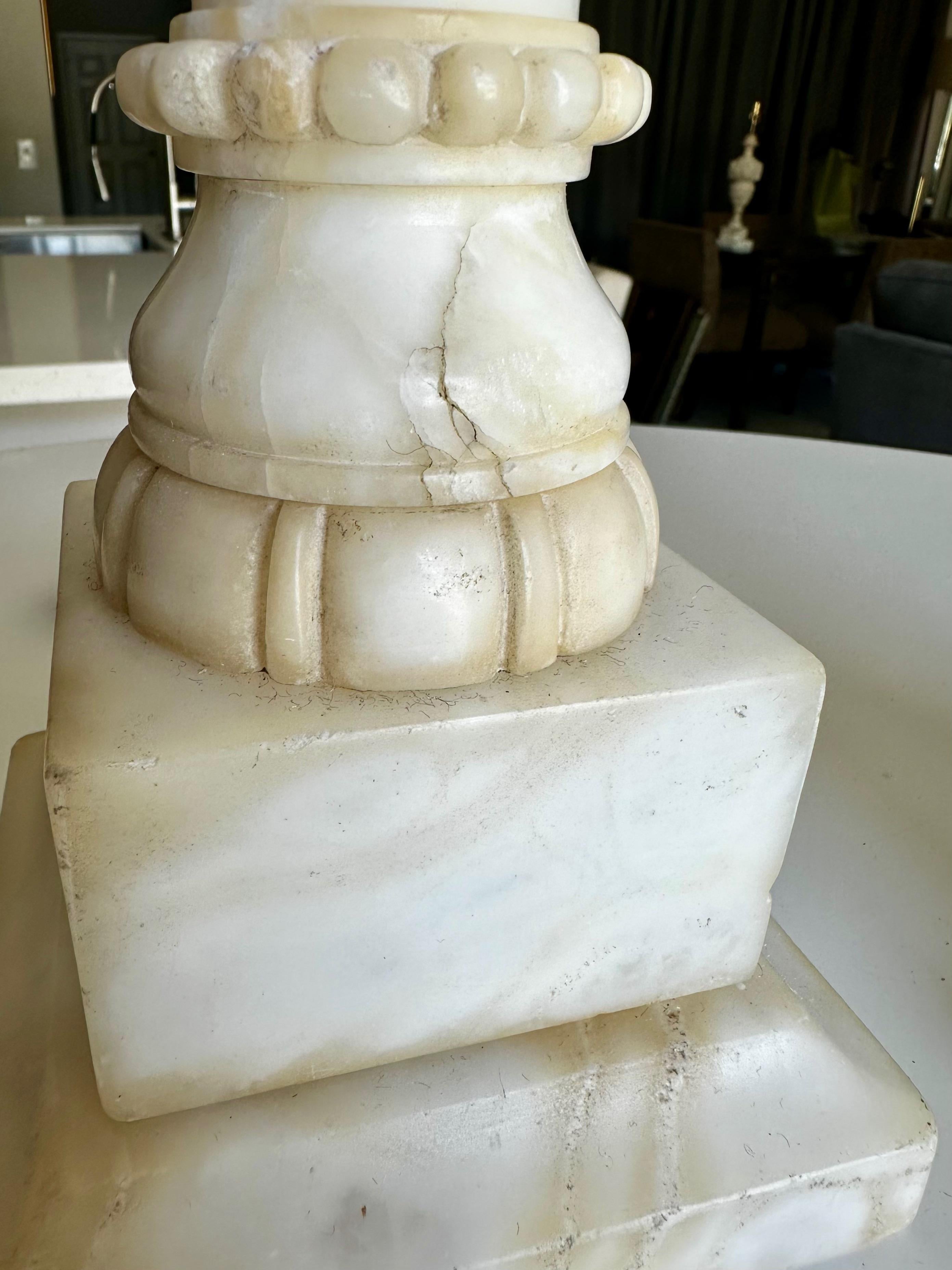 Pair Italian Neoclassic Column Alabaster Table Lamps For Sale at 1stDibs