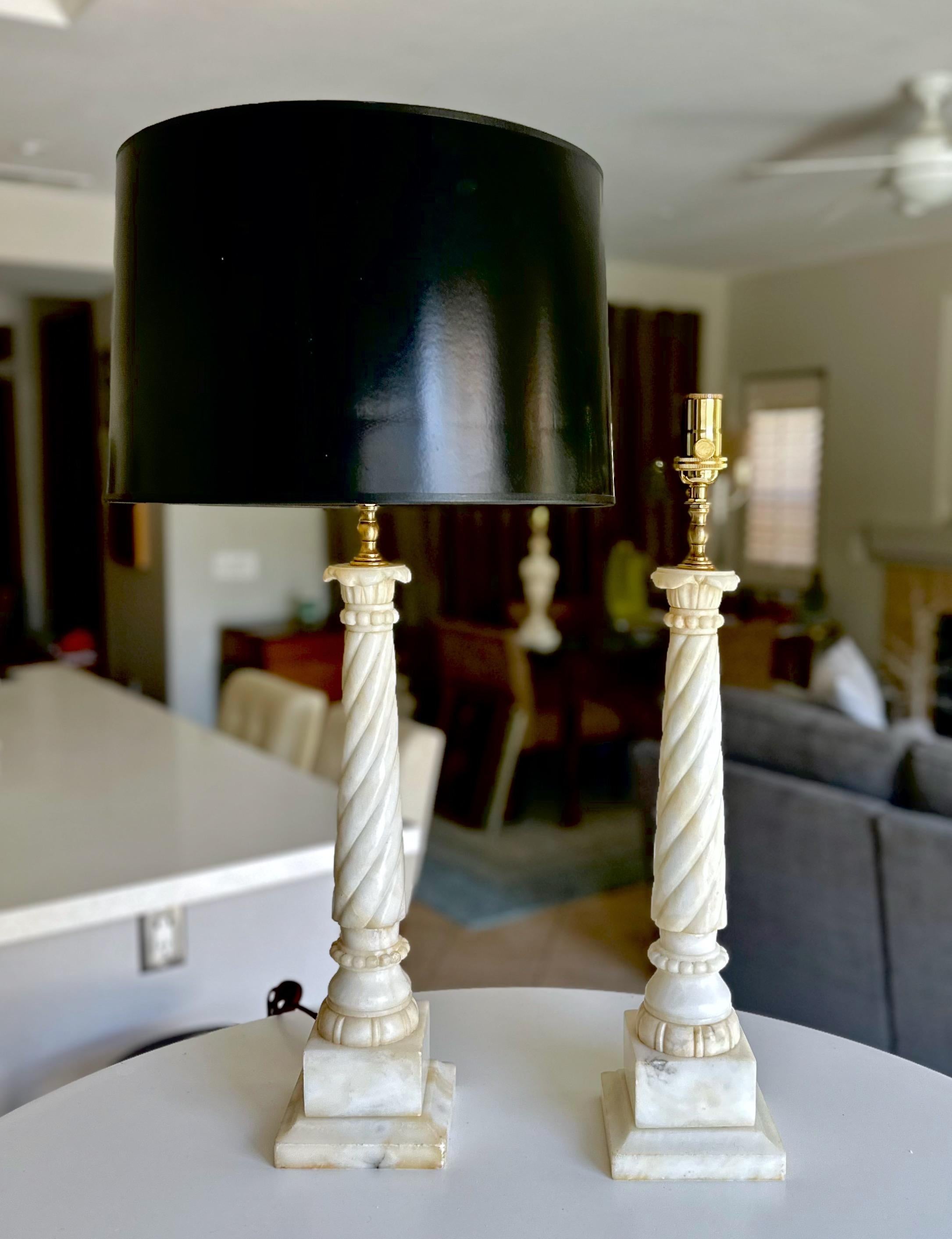 Pair Italian Neoclassic Column Alabaster Table Lamps For Sale at 1stDibs