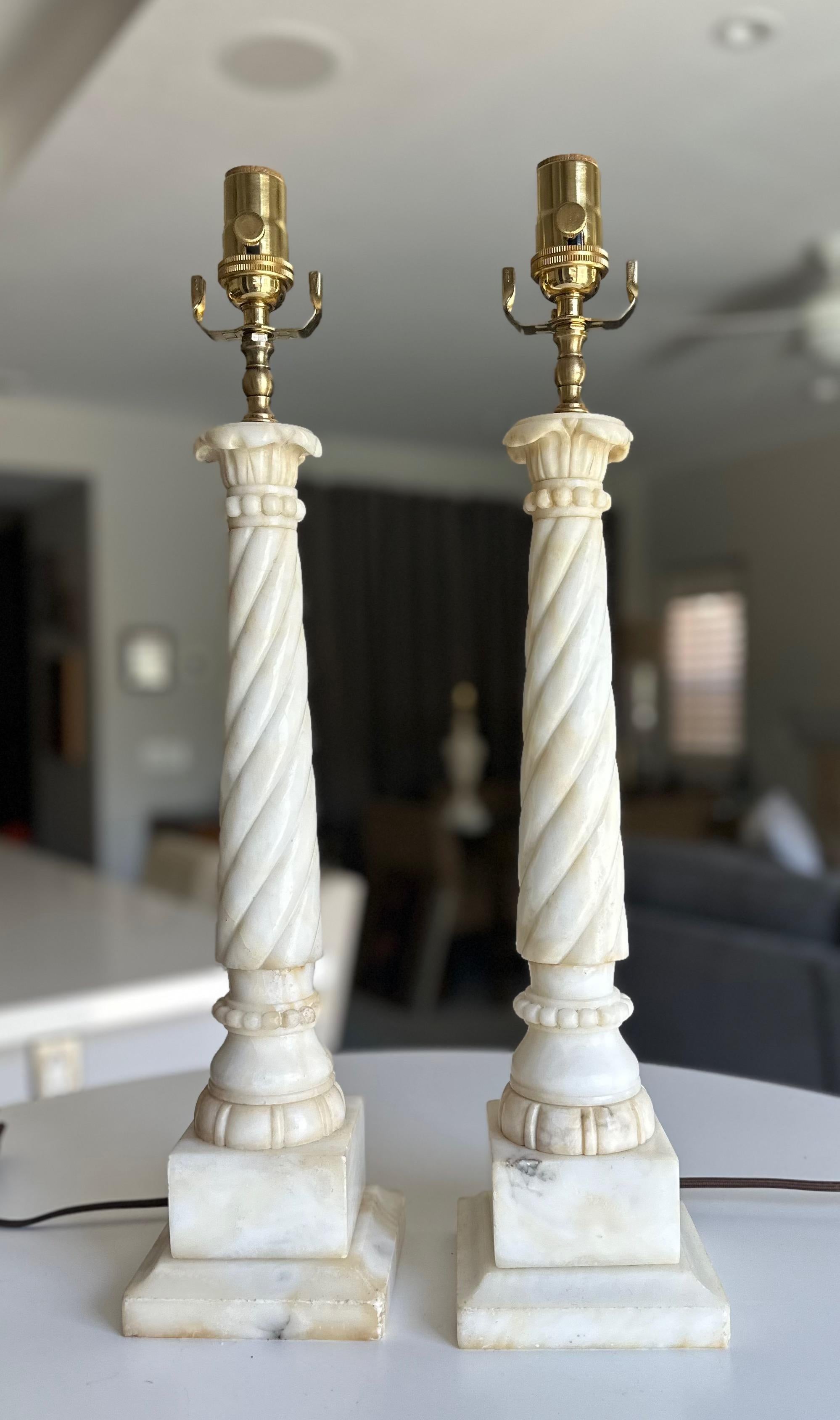 Pair Italian Neoclassic Column Alabaster Table Lamps For Sale at 1stDibs