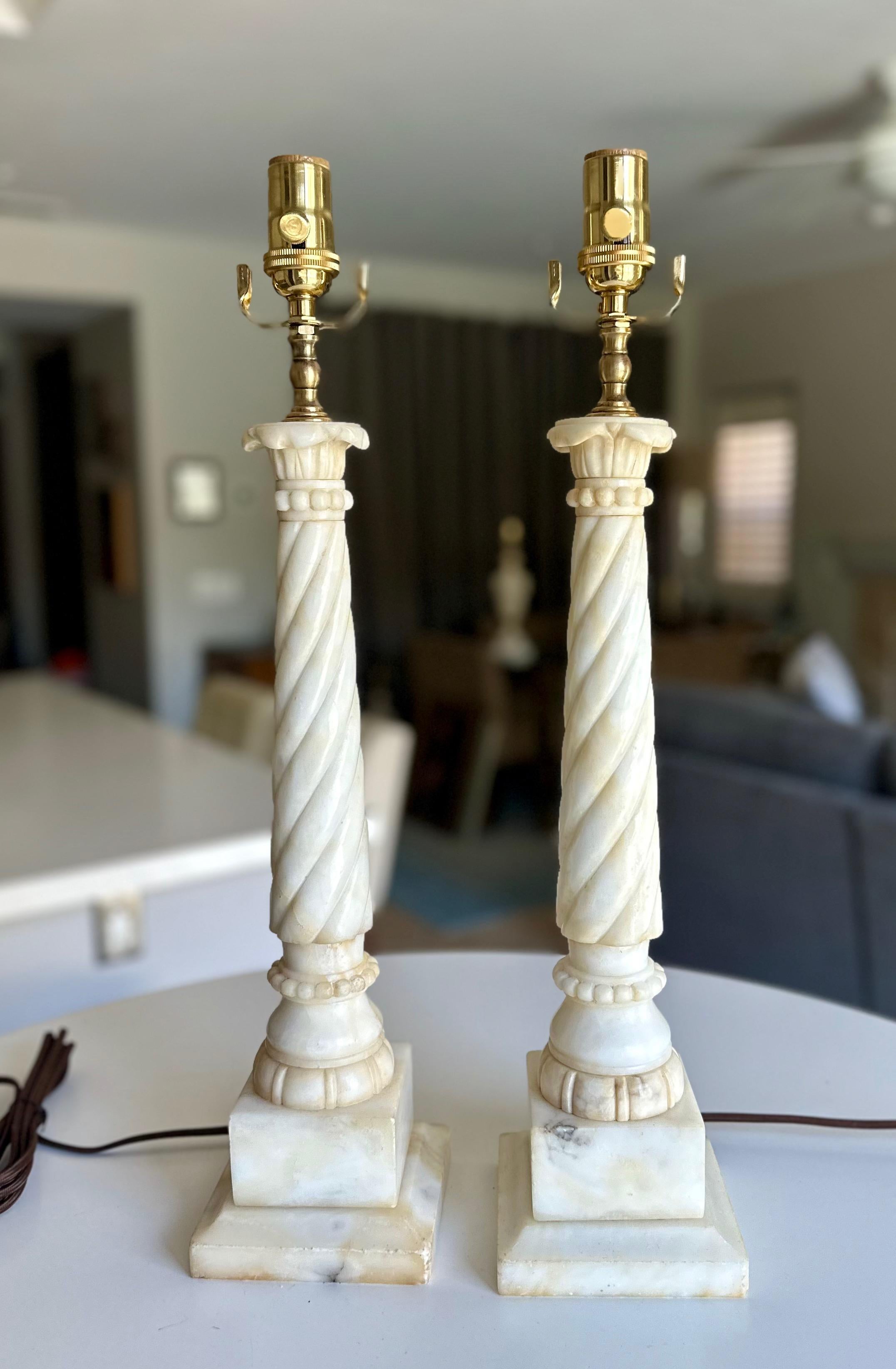 Pair Italian Neoclassic Column Alabaster Table Lamps For Sale at 1stDibs