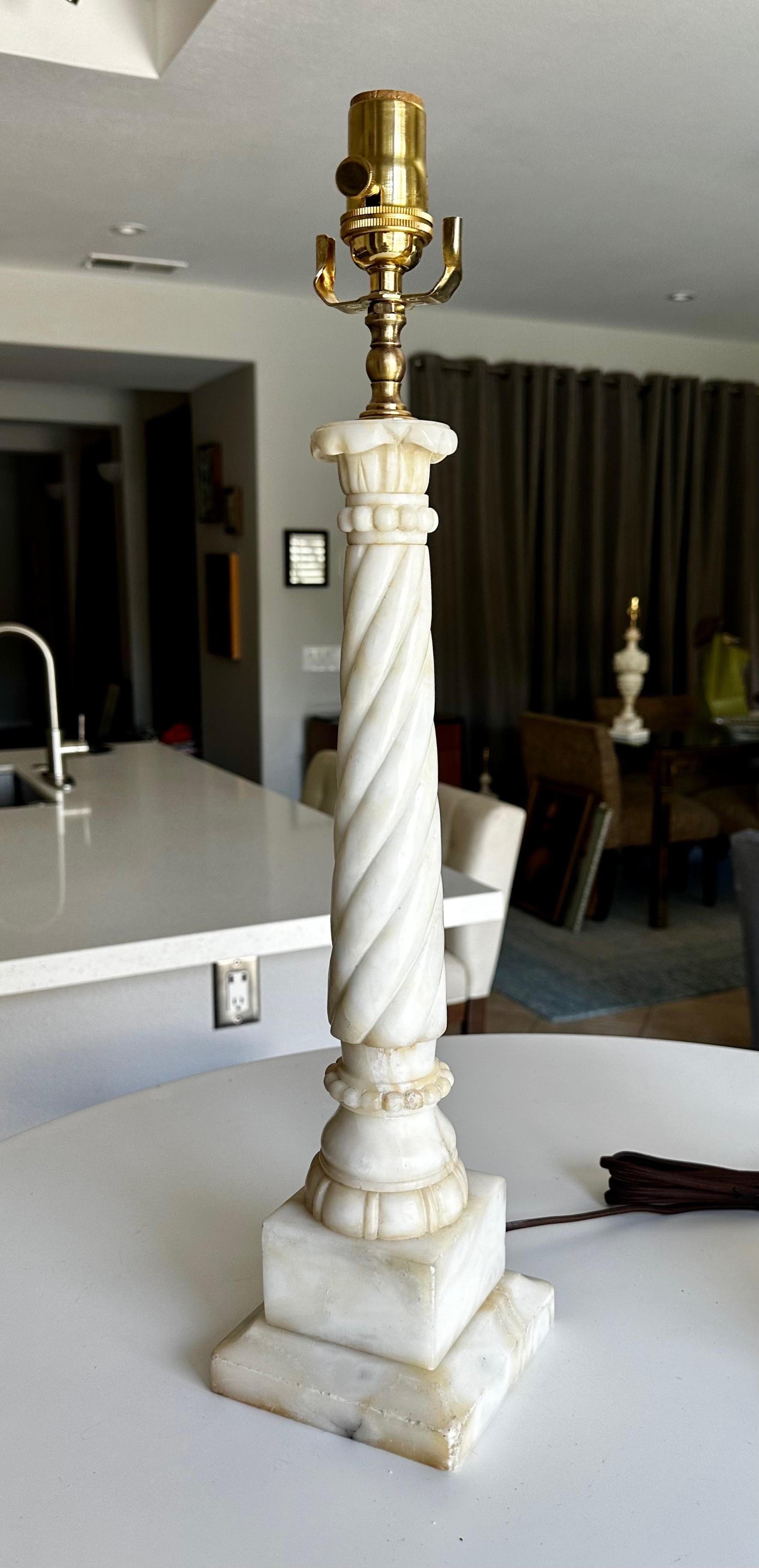 Pair Italian Neoclassic Column Alabaster Table Lamps For Sale at 1stDibs