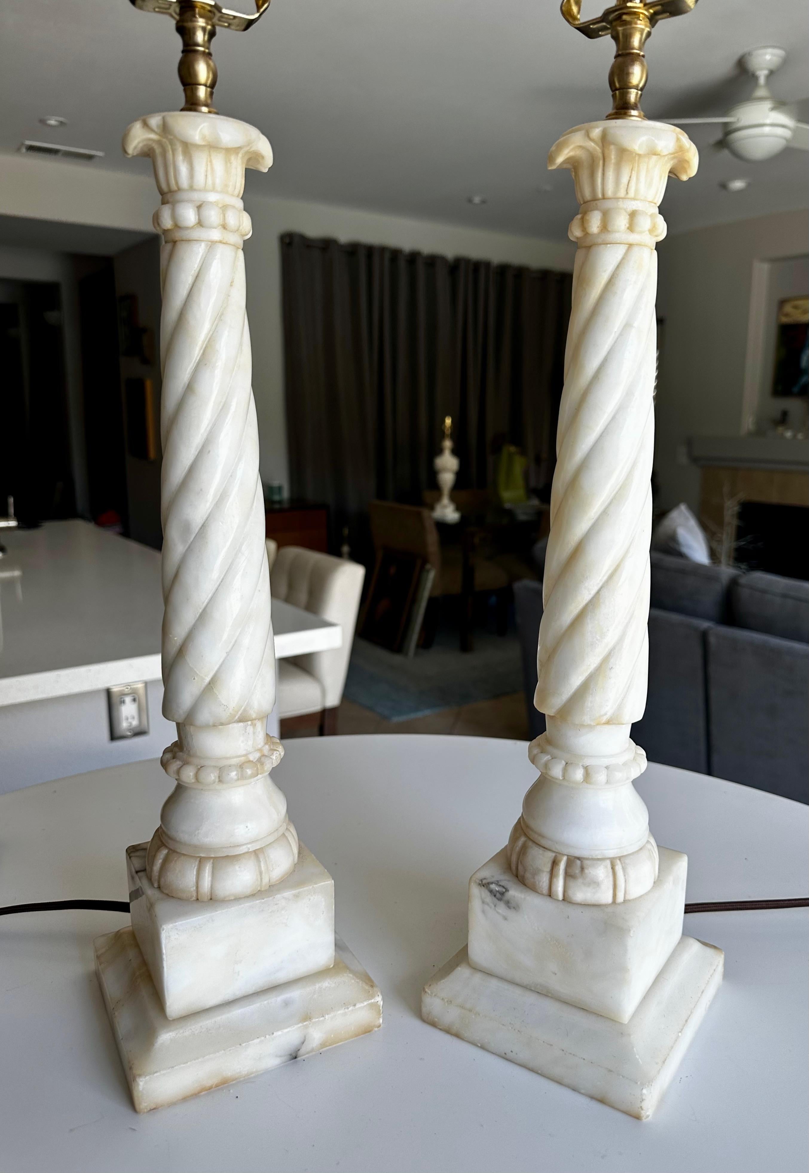 Pair Italian Neoclassic Column Alabaster Table Lamps For Sale at 1stDibs
