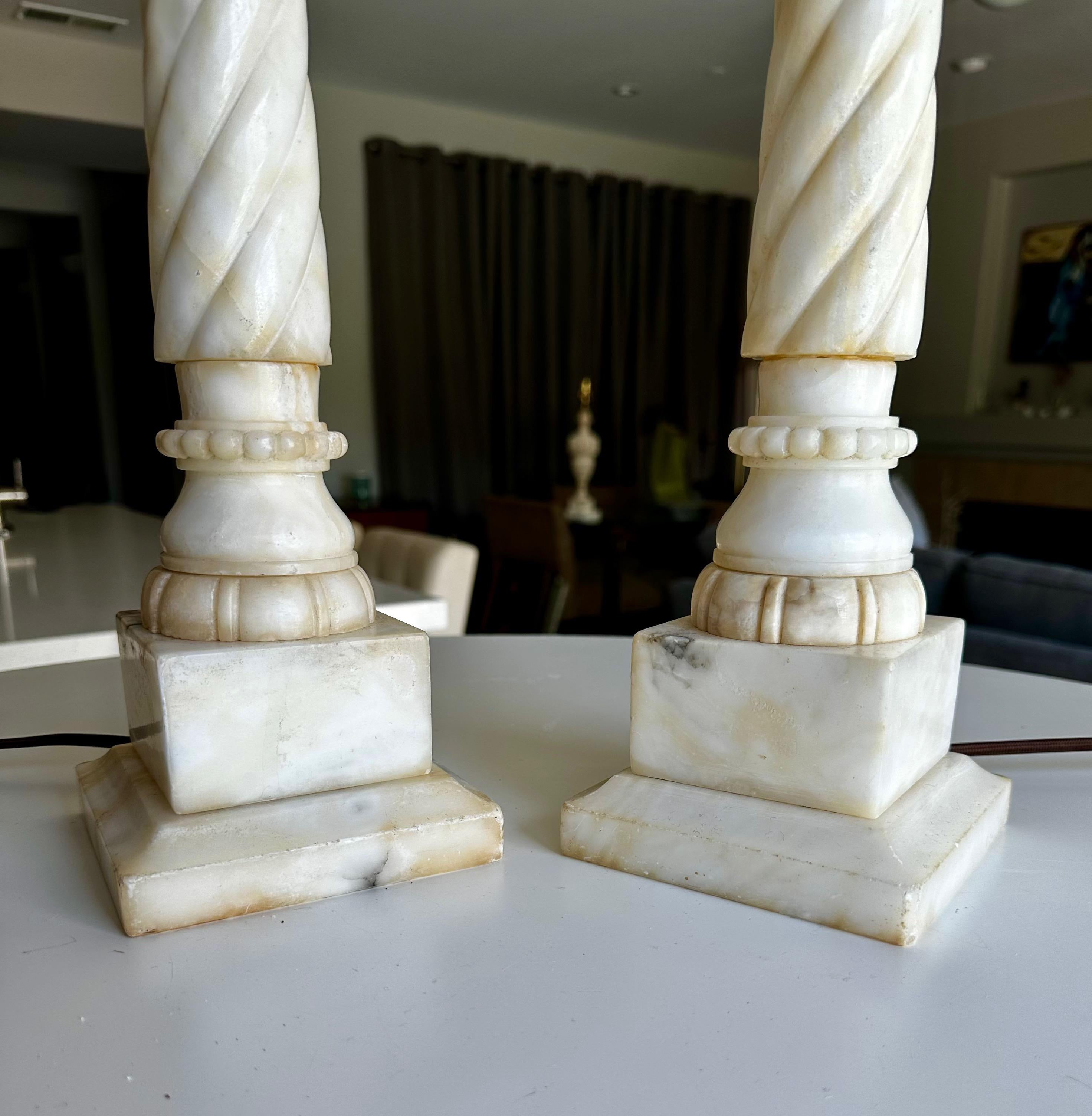 Pair Italian Neoclassic Column Alabaster Table Lamps For Sale at 1stDibs