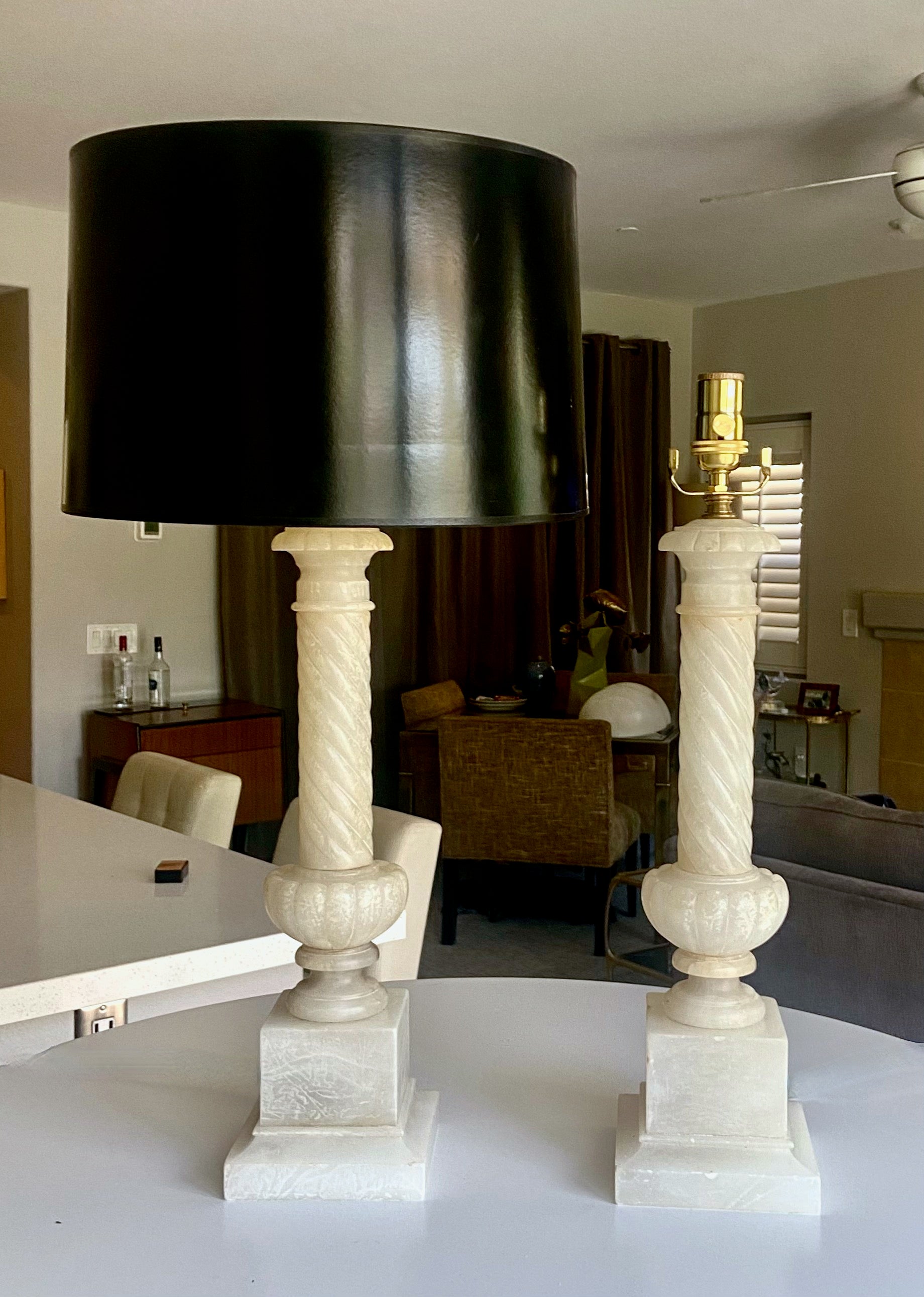Pair Italian Neoclassic Column Alabaster Table Lamps For Sale at 1stDibs