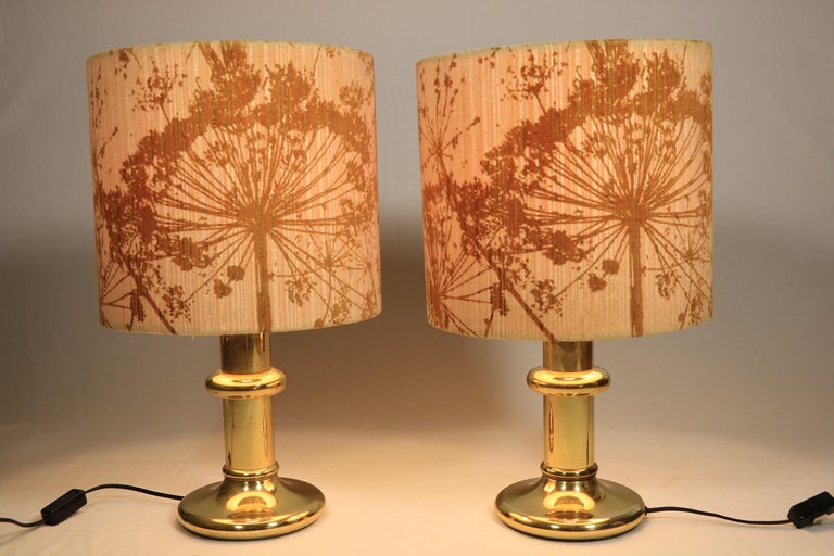 Pair Italian of table lamps, brass base, velvet lampshade, Hollywood ...