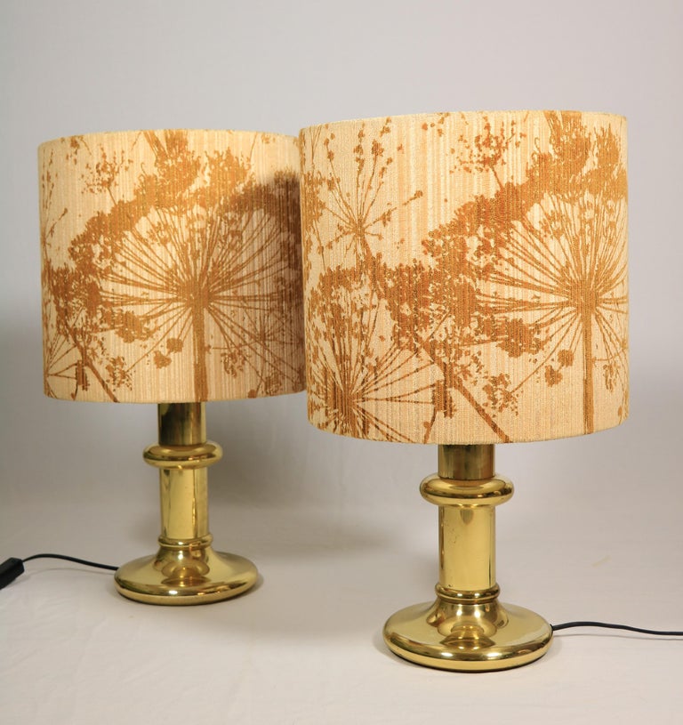 Pair Italian of table lamps, brass base, velvet lampshade, Hollywood ...