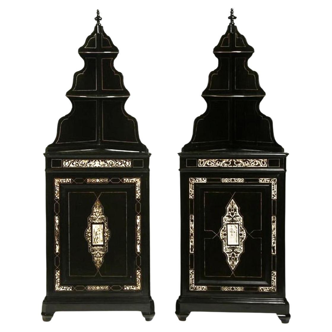 Pair Italian Renaissance Revival Corner Cabinets with Etagere Shelves ...