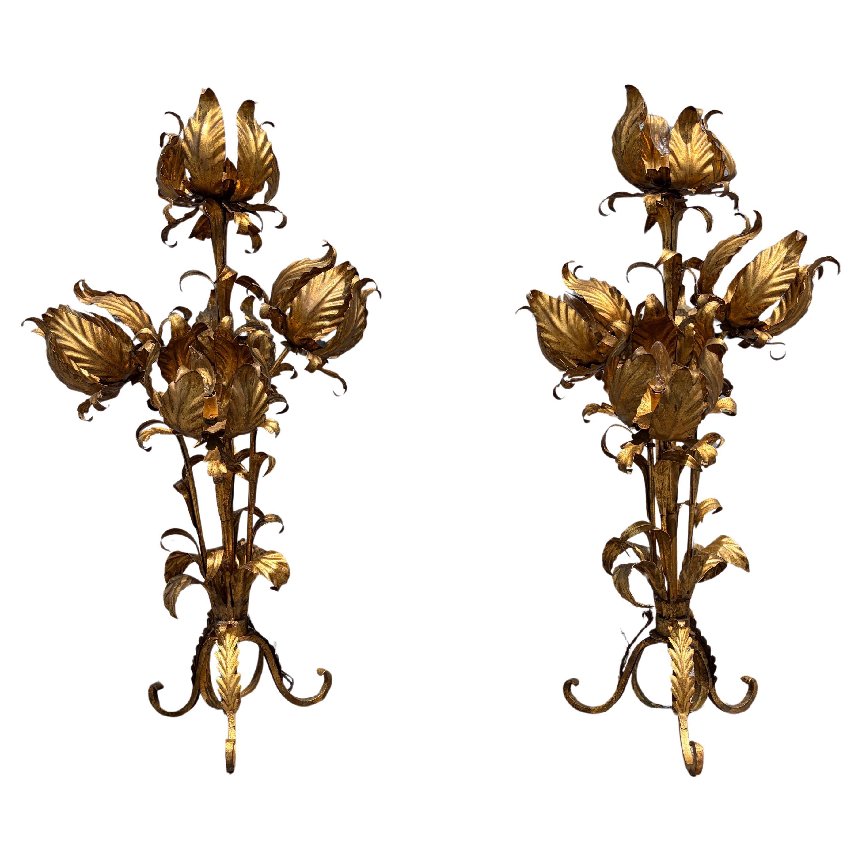 Pair Italian Table Lamps, Floral Design, Gold, Gilt For Sale at 1stDibs