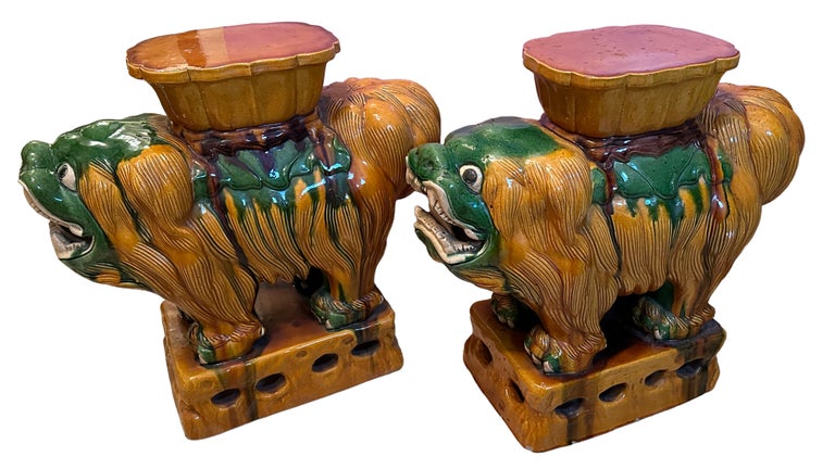 Pair Italian Terracotta Ceramic Foo Dog Garden Seats, Stools or Side ...