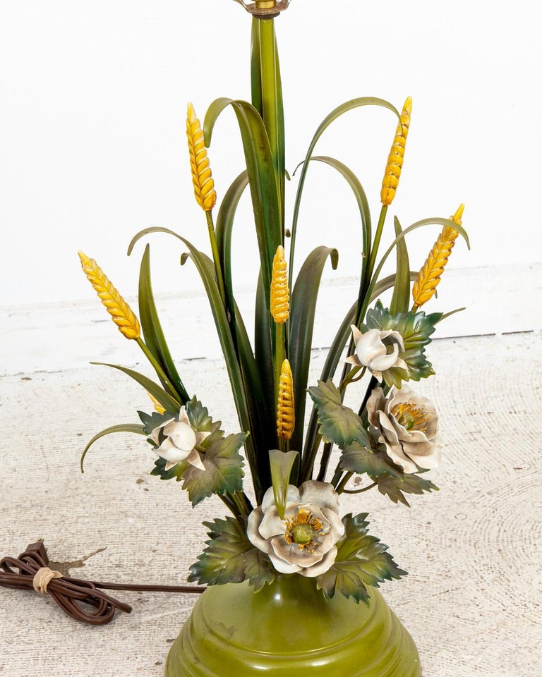 Pair Italian Tole Flower and Wheat Lamps For Sale at 1stDibs